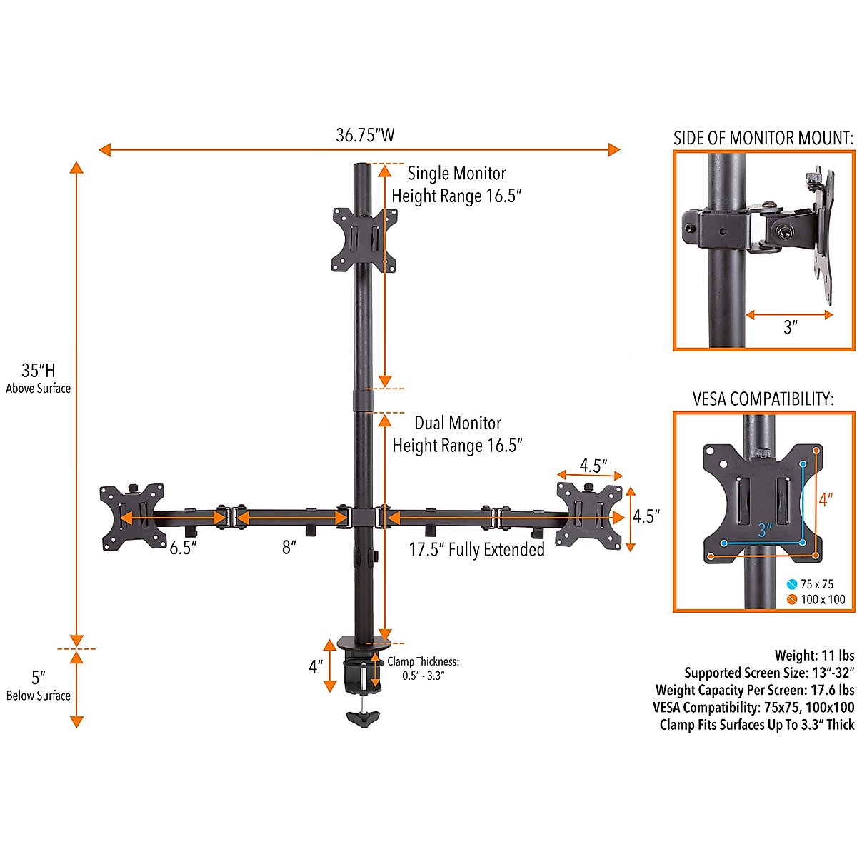 Stand Steady Triple Monitor Desk Stand with Clamp-On Base, for Home or Office Use, Height Adjustable Computer Monitor Stand with Full Articulation VESA Mounts, Fits Most LCD/LED Monitors 13-32 Inches