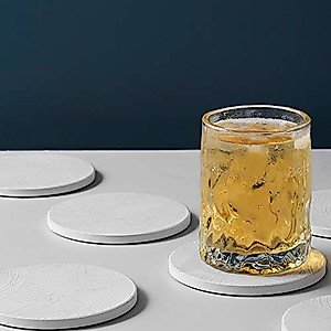 LIFVER Absorbent Drink Coasters with Holder, Set of 6 Ceramic Coasters with Cork Base, White Stone Coasters for Wooden Table, Housewarming Gift, White Elephant Gifts Idea, for Home Decor, 4 inches
