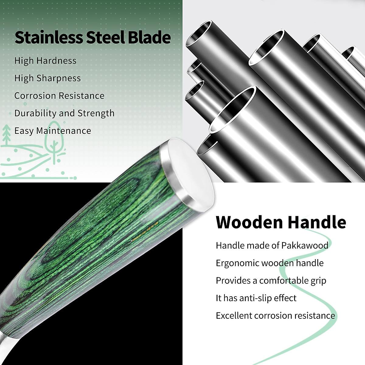 FULLHI Bread Knives, Multi-Color 8-Inch Japanese Knife with Sheath 2pcs, Cake Knife Stainless Steel Kitchen Knife with Guard (Green Wood)