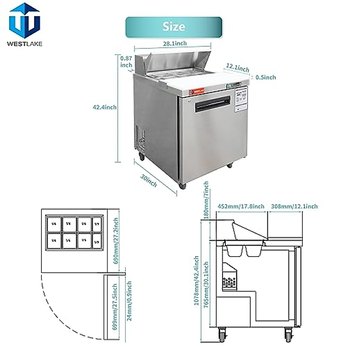 WESTLAKE 27" W Refrigerator Sandwich & Salad Prep Table Commercial Stainless Steel Counter Fan Cooling Refrigerator with 8 Pans-27 Inches for Restaurant, Bar, Shop, etc