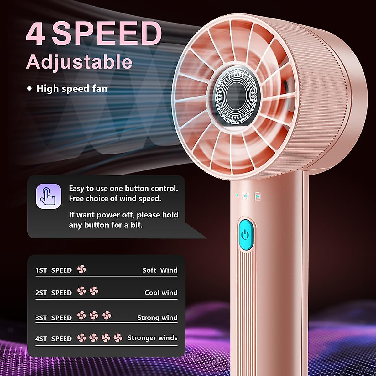 Portable Handheld Fan Rechargeable, Mini Personal Fan, Hand Held Fan With 4 Speeds Portable Turbo Fan, USB 2600mAh Battery Small High Speed Fan for Makeup, Home, Office, Travel and Outdoor Activities