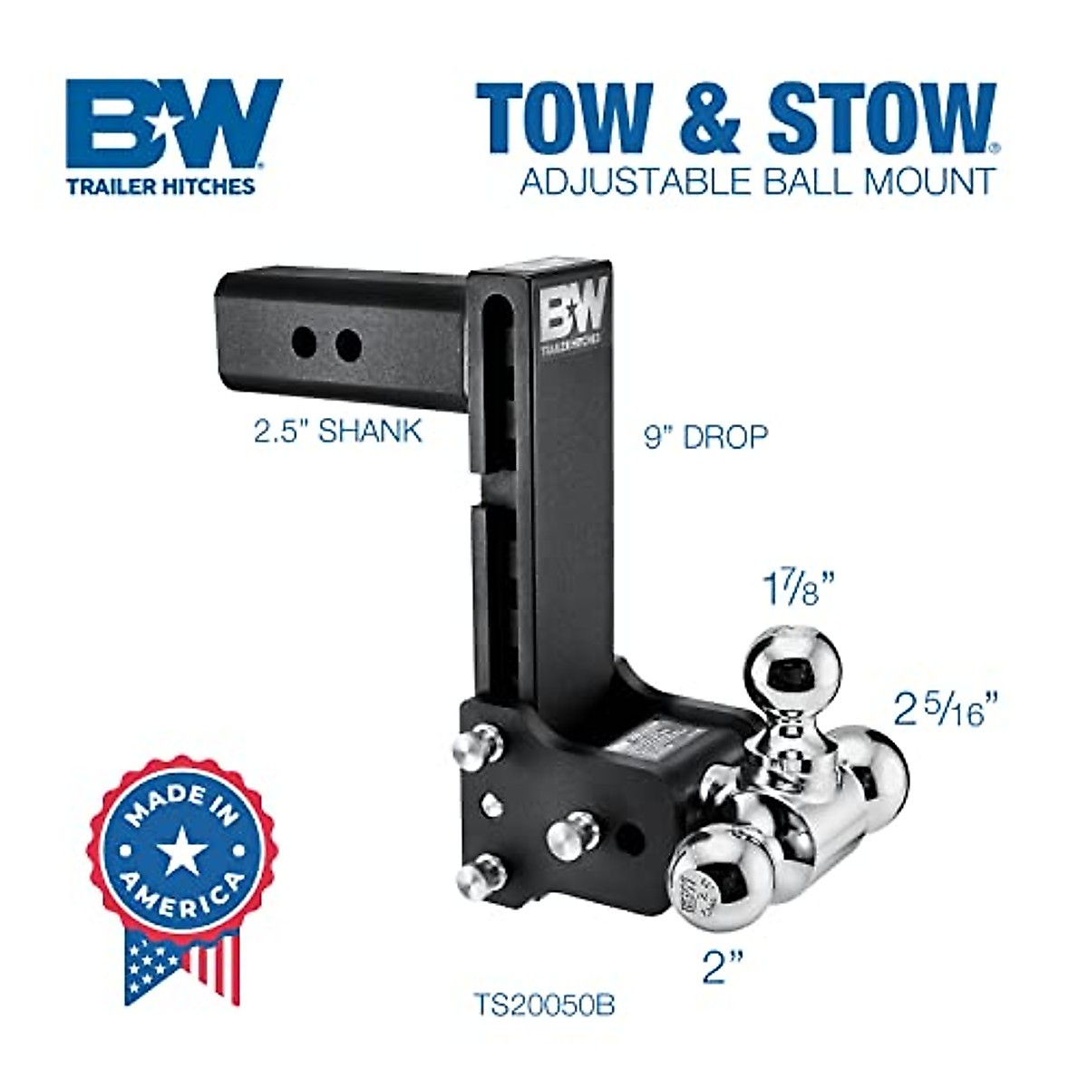 B&W Trailer Hitches Tow & Stow Adjustable Trailer Hitch Ball Mount - Fits 2.5" Receiver, Tri-Ball (1-7/8" x 2" x 2-5/16"), 8.5" Drop, 14,500 GTW - TS20050B