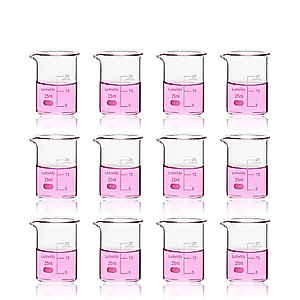 Labvida 12pcs of Glass Beakers Shot Glass, Vol.25ml, 3.3 Borosilicate Griffin Low Form with Printed Graduation, LVA001