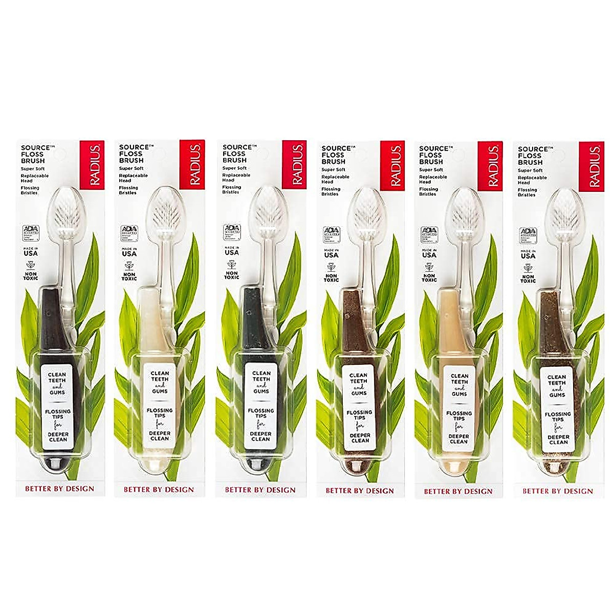 RADIUS Toothbrush Source Floss Brush BPA Free & ADA Accepted Improve Gum Health & Reduce Gum Issues - Super Soft - Assorted Colors - Pack of 6