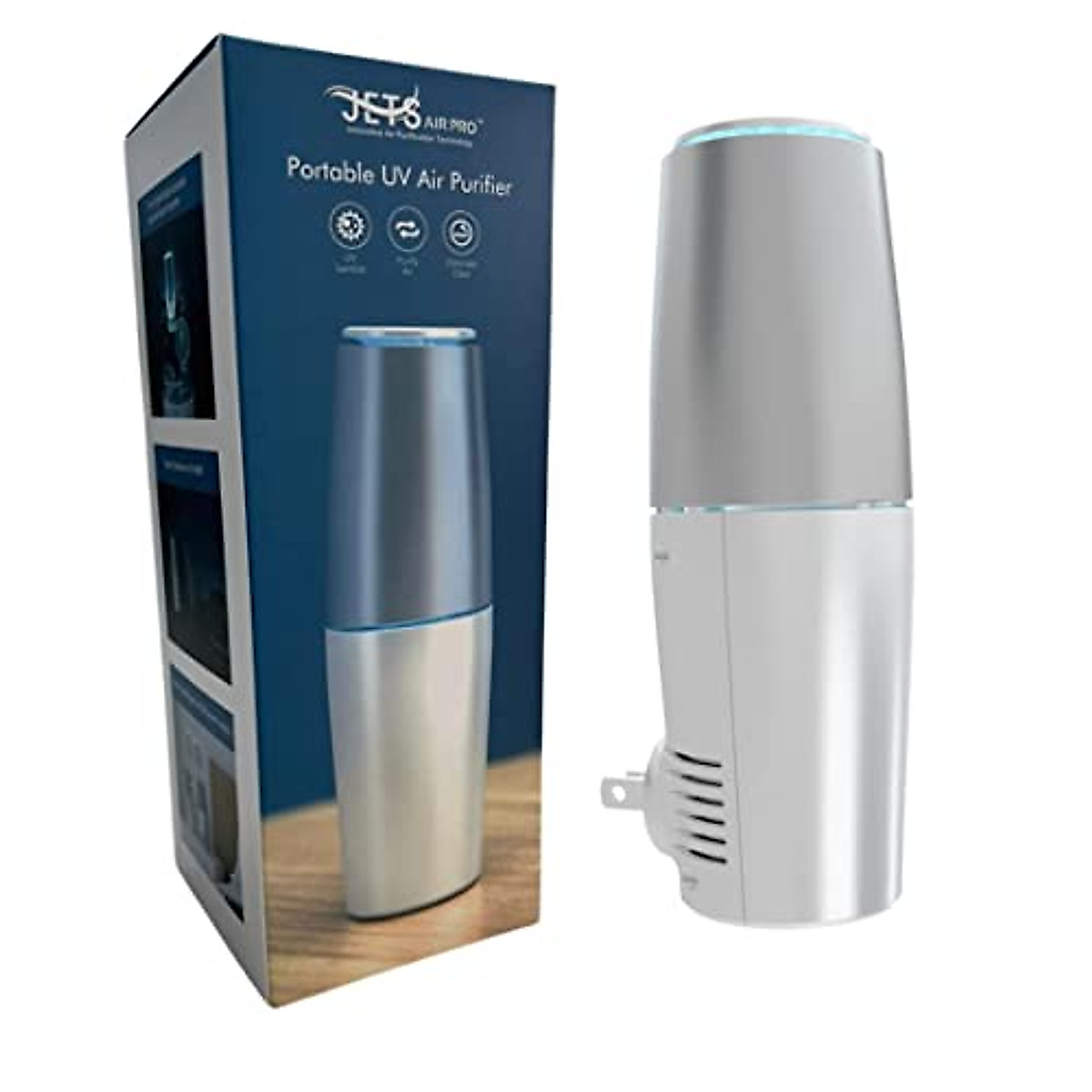 JETS AIR PRO Portable UV Air Sanitizer, AC Pluggable Air Purifier, Wall Plug-In, Air Purifier for Viruses, Germs, and Bacteria, Reduces Odors, UVC Light, Eliminate and Sanitize Germs and Airborne Pollutants. For home, car, office, hotel.