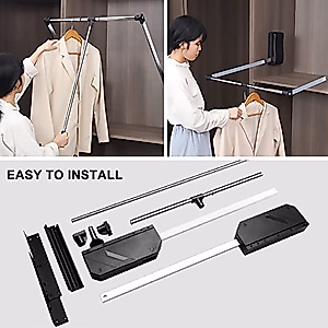 Pull Down Closet Rod, Pull Down Wardrobe Organizer, 26 lbs load capacity, Adjustable 35-47 Inch for Hanging Clothes Wardrobe Lift Rail Organizer, Heavy Duty Closet Pull Down Rods Hanger