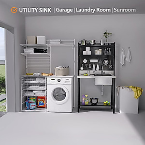 VINGLI 67" Commercial Sink with Drainboard and Adjustable Shelves and Pegboard for Hanging Tools, 304 Stainless Steel Table with Sink Freestanding Utility Sink and Counter for Restaurant, Garage