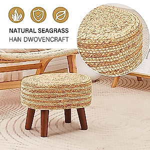 Cpintltr Pouf Ottoman Natural Water Hyacinth Footrest Pouffe Hand Weave Seagrass Boho Ottomans Footstool with Non-Skid Pine Legs for Bedroom Living Room Patio White
