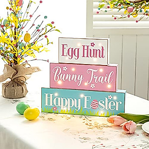 Glitzhome LED Lighted Wooden/Metal Block with Sayings Egg Hunt, Trail, Happy Easter Bunny Holiday Decorations Signs, Multi-Color