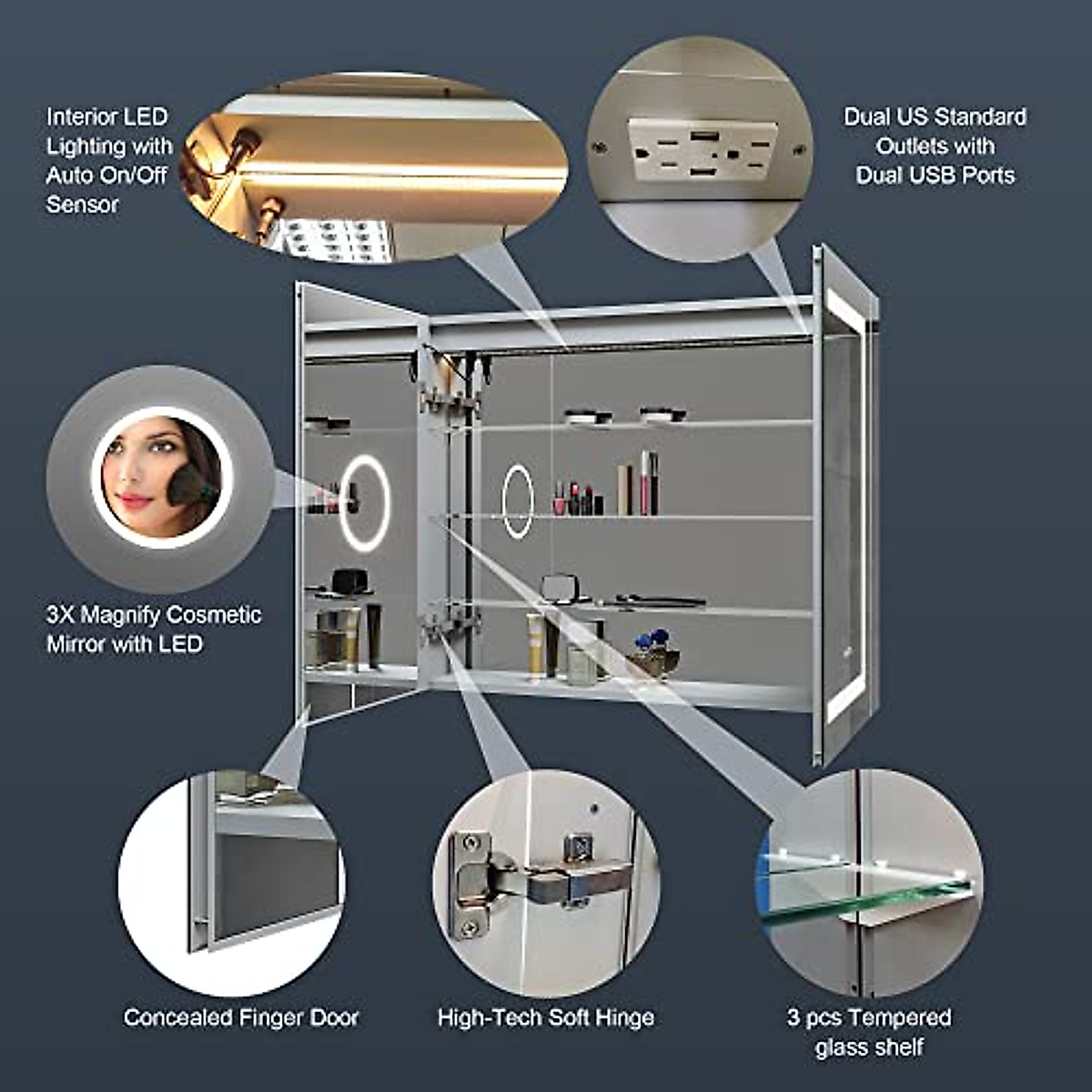 Wemin Smart Home Recessed or Surface 36x30 Inch LED Mirror Medicine Cabinet with Adjustable Color Temp, LED Lighted Medicine Cabinet w/Defogger, Light Color Dimmer(2700-6500K), Outlets & USB (36 x 30)