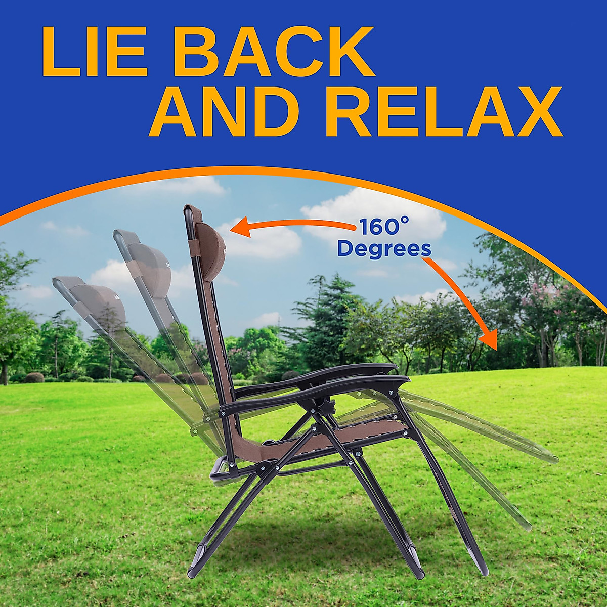 SereneLife Zero Gravity Lounge Chair - Set of 2 Adjustable Recliners and Side Table, Includes Removable Padded Headrest Pillows, Breathable Mesh Fabric, Lightweight and Foldable, Brown