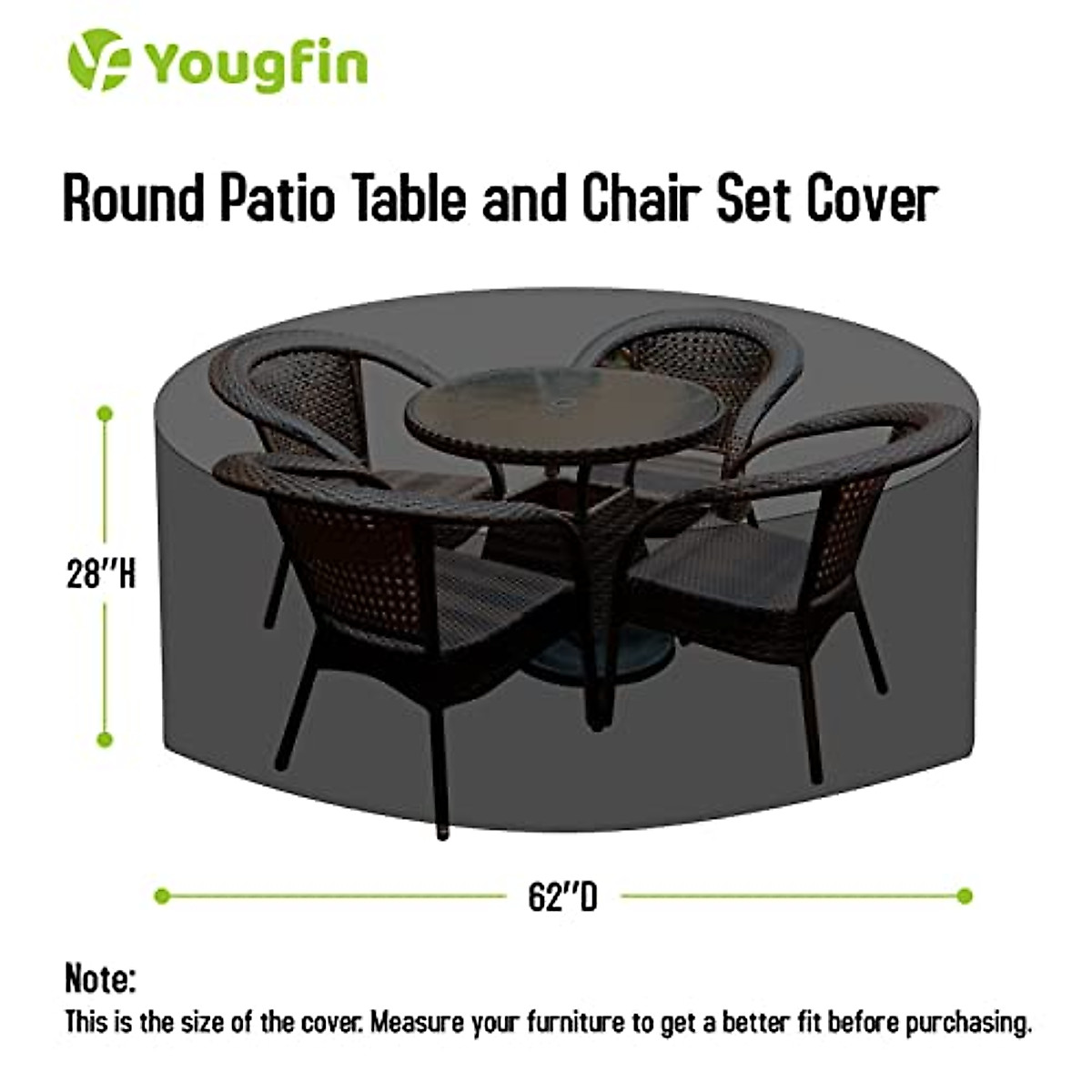 Yougfin Round Patio Table Cover, 600D Heavy Duty Patio Furniture Covers Waterproof, Outdoor Table and Chairs Cover, 62''D x 28''H