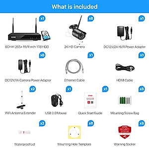 ZOSI 2K 3MP Wireless Security Camera System, H.265+ 8 Channel CCTV NVR with 1TB Hard Drive for 24/7 Recording and 8 x 3MP WiFi IP Camera Outdoor Indoor, Night Vision, Motion Alert, Remote Control