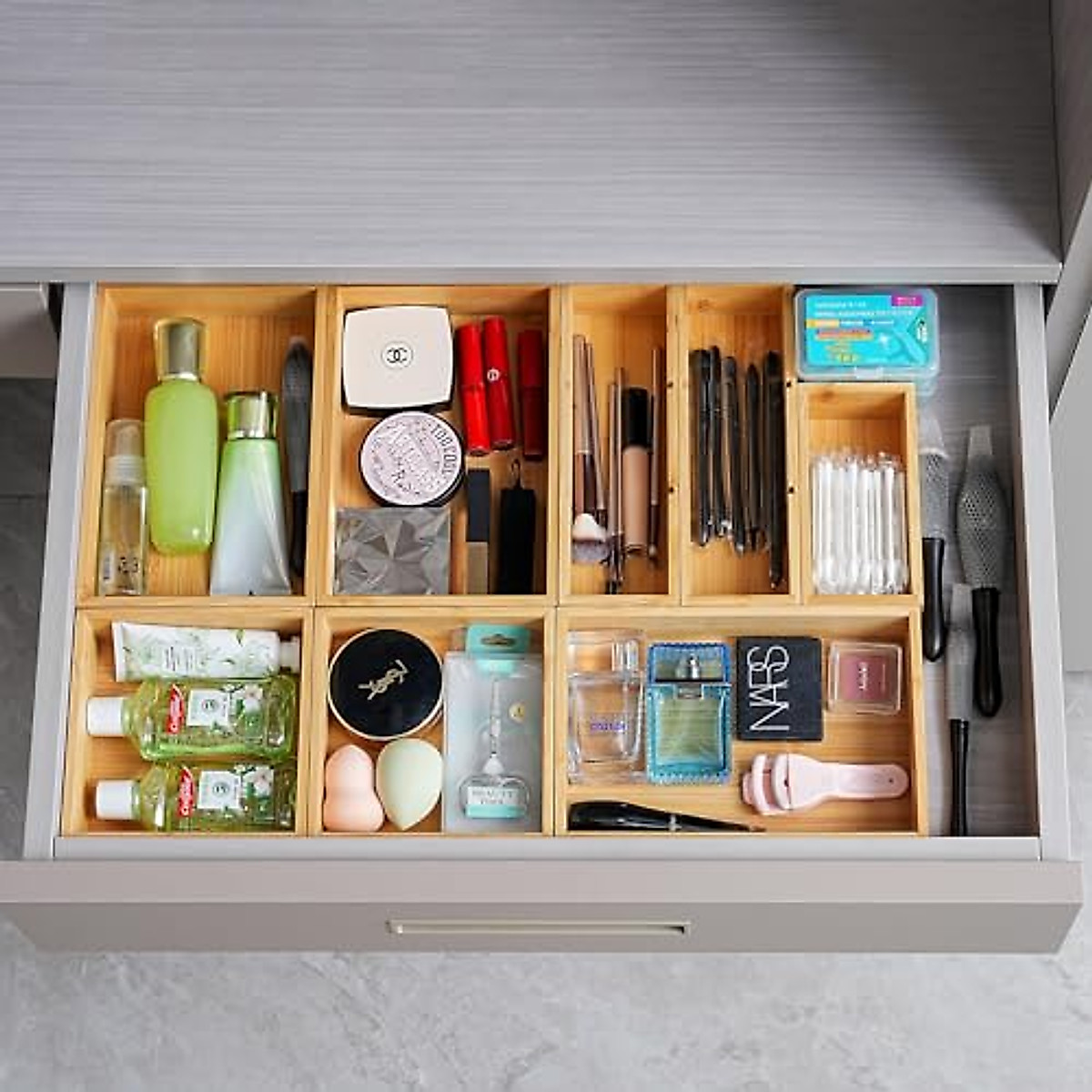 Fabsome Drawer Organizer, Set of 9 Bamboo Wood Kitchen Makeup Desk Junk Tea Drawer Storage Boxes Bins for Cutlery Silverware Utensils Flatware, Small Wooden Container Tray for Bathroom, Office
