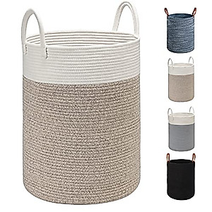TOTANKI Large Cotton Rope Laundry Storage Basket - 15.7 Inches(D) x 19.7 Inches(H) - Collapsible Woven Basket with Durable Handles for Storing Clothing, Diapers, Toys (White/Brown)