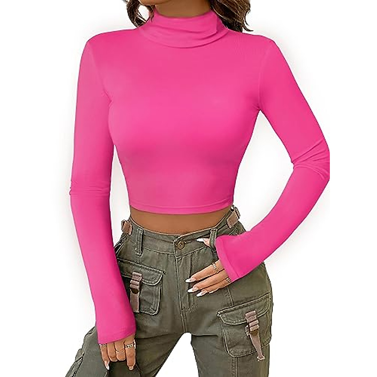 MSBASIC Pink Crop Tops for Women Trendy Underscrub Long Sleeve Turtleneck Basic Slim Fit Tshirts(X-Large,Hot Pink)