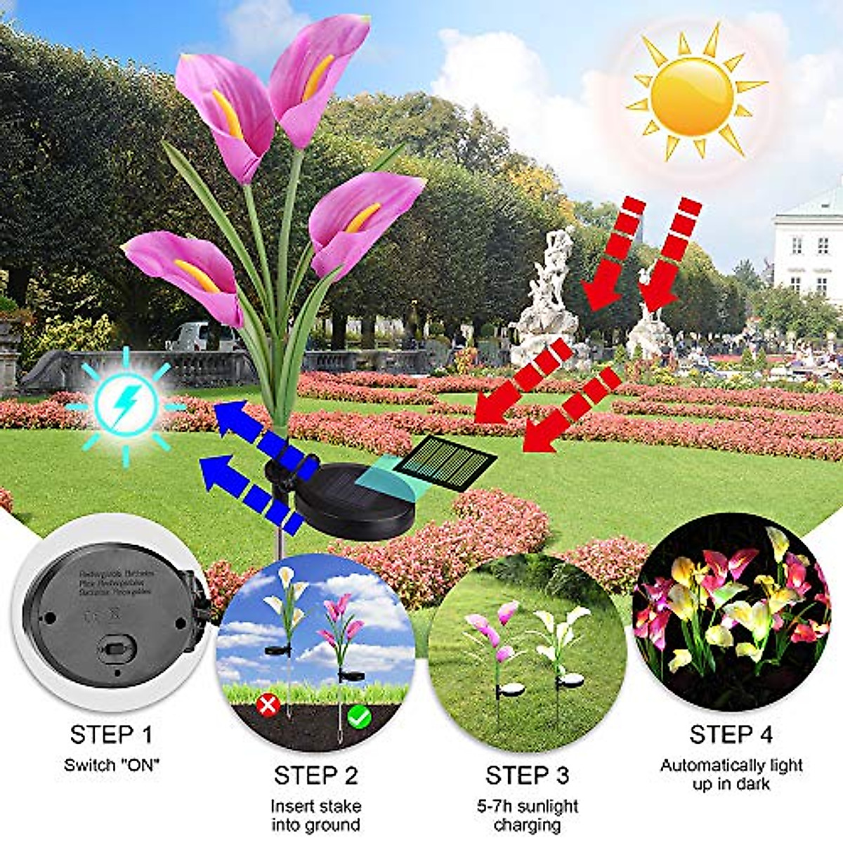 Aloudy Solar Garden Stake Lights, Upgraded 3 Pack Outdoor Waterproof Solar Powered Lights with 12 Calla Lily Flowers, 7 Colors Changing LED Solar Lights for Garden, Patio, Backyard(Purple and White)