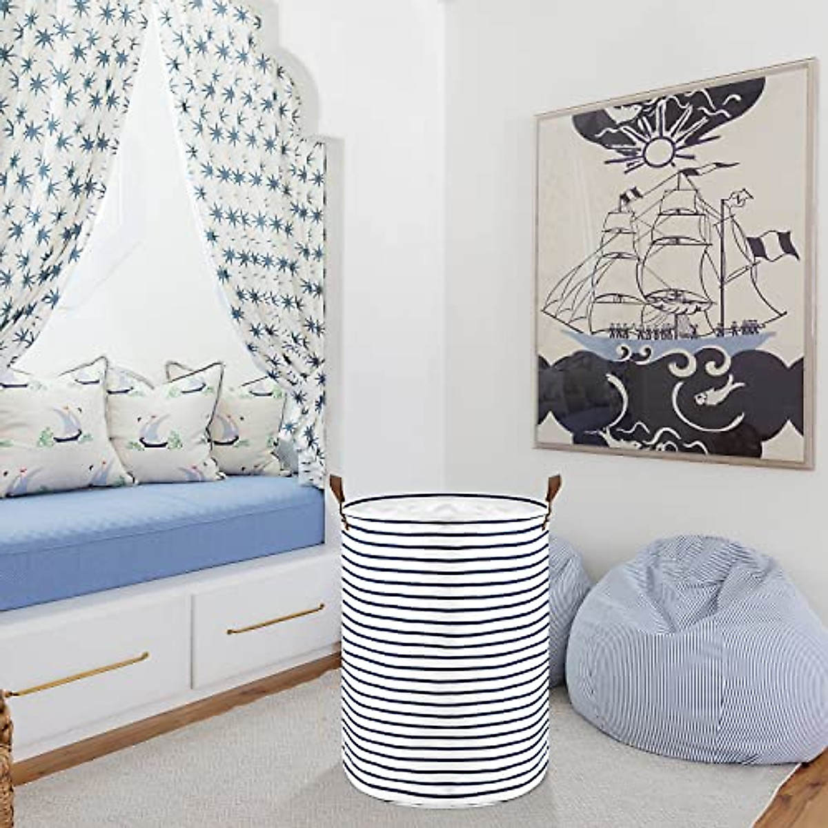 DOKEHOM 17.7-Inches Freestanding Laundry Basket with Lid, Collapsible Large Drawstring Clothes Hamper Storage with Leather Handle (Blue Stripe, M)