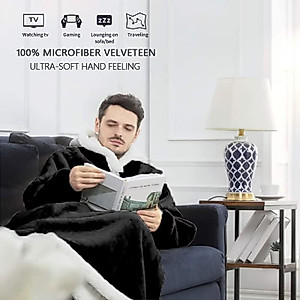 COTTEBED Black Sherpa Hoodie Women Wearable Blanket Men Hooded Sweater Blanket with Pockets Long Sleeve Blanket Robe Adult Comfy Thick Sweatshirt Throws Black