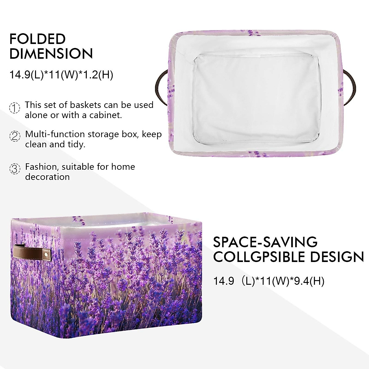 AUUXVA Storage Basket Purple Lavender Field Storage Cube Box Durable Canvas Collapsible Toy Basket Organizer Bin with Handles for Shelf Closet Bedroom Home Office