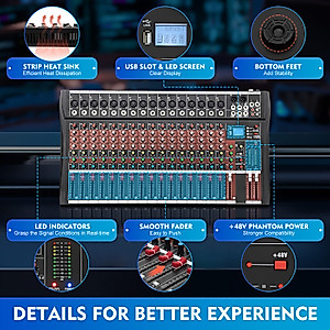 Audio Mixer 16 Channel Bluetooth Live Studio LED Display Professional USB Mixing Console with 3-Band EQ Sound Board Console DJ Studio Audio Mixer for PC Recording Music (16 Channel)