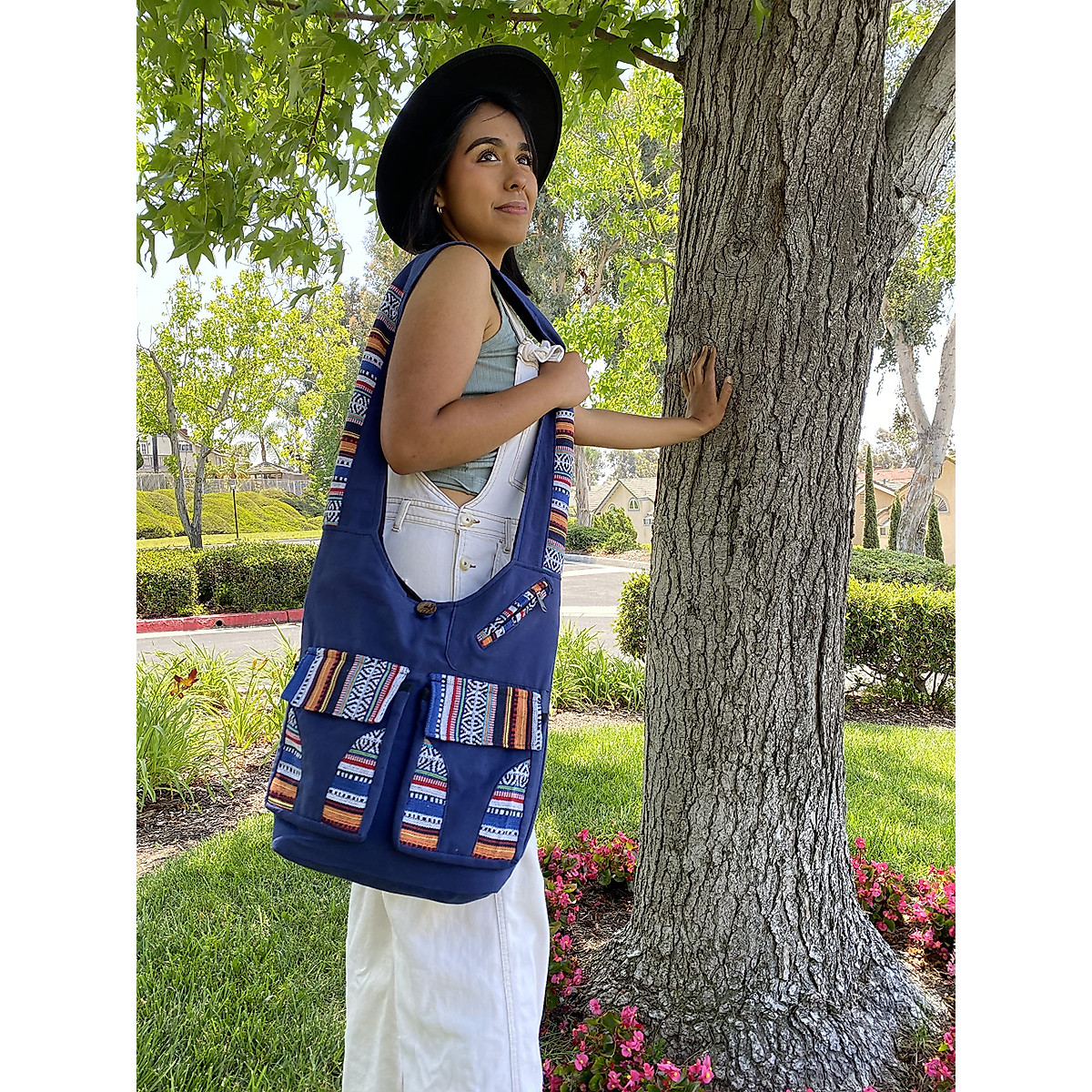 Navy Blue Cross Body Shoulder Bag with Woven Tribal Accent Design Large