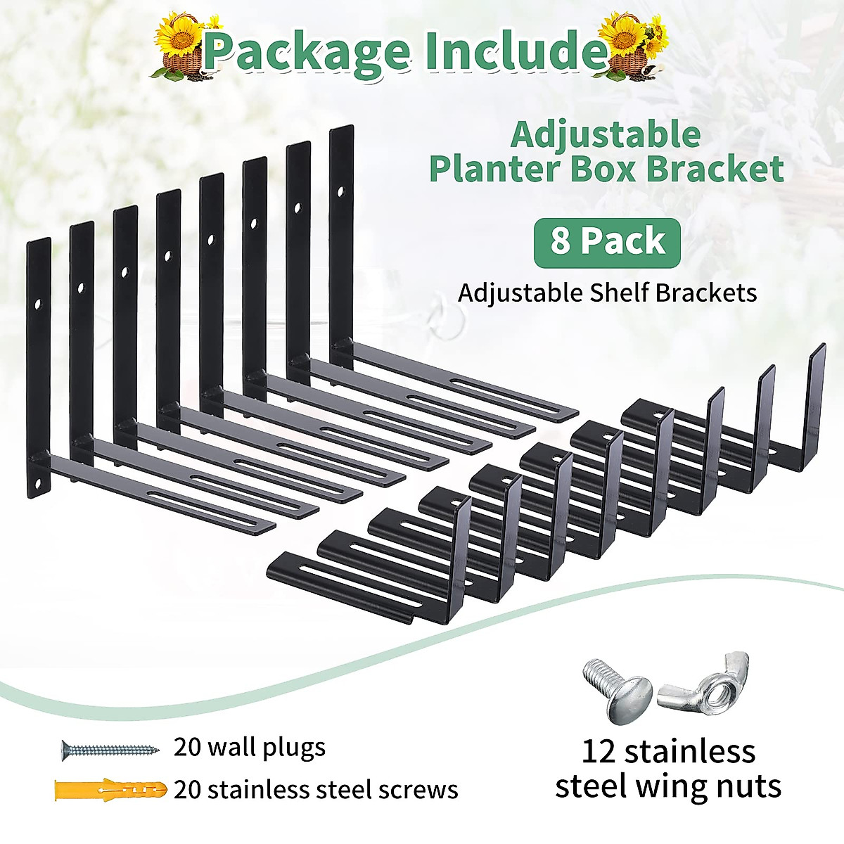 Weysat 8 Packs Window Planter Box Brackets Adjustable Planter Box Brackets Flower Box Brackets for Railings Wall Mount Heavy Duty Holder for Patio Balcony Garden Planter Boxes 6 to 12 Inches, Black