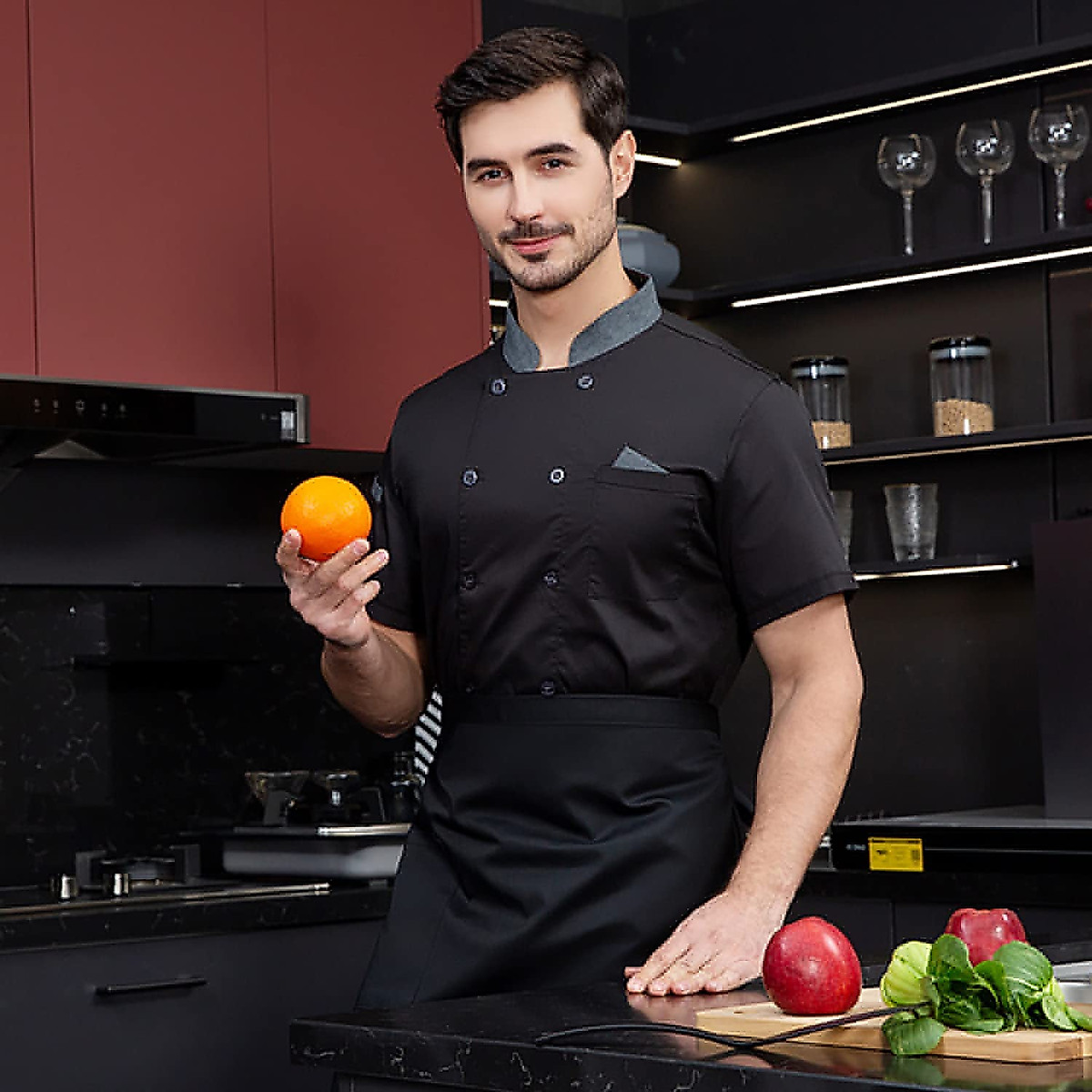 Unisex Double-breasted Chef Coat Back Full Mesh Lightweight Chef Jacket Color Stitching Chef Uniform