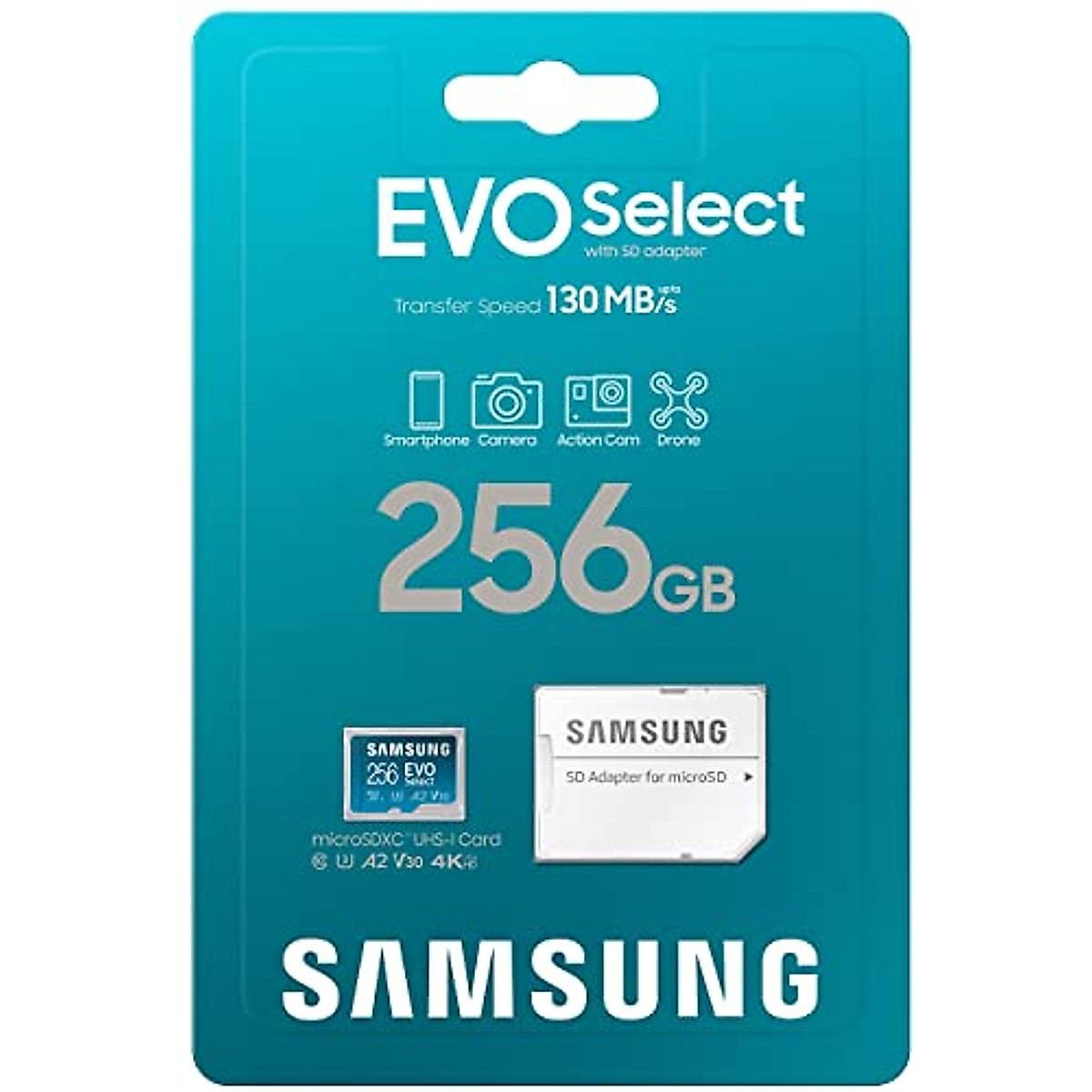 SAMSUNG EVO Select Micro SD-Memory-Card + Adapter, 256GB microSDXC 130MB/s Full HD & 4K UHD, UHS-I, U3, A2, V30, Expanded Storage for Android Smartphones, Tablets, Nintendo-Switch (MB-ME256KA/AM)