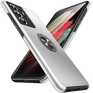 Anqrp Shockproof for Galaxy S21 Ultra Case 5G, [Heat Dissipation] [No Fall-Off Kickstand] 360°Metal Ring Military Grade Protection Phone Case with Samsung Galaxy S21 Ultra 6.8 Inch, Silver
