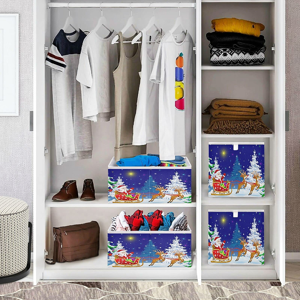 ALAZA Foldable Storage Bins, Christmas Santa Claus Deer Winter Forest Storage Boxes Decorative Basket for Bedroom Nursery Closet Toys Books