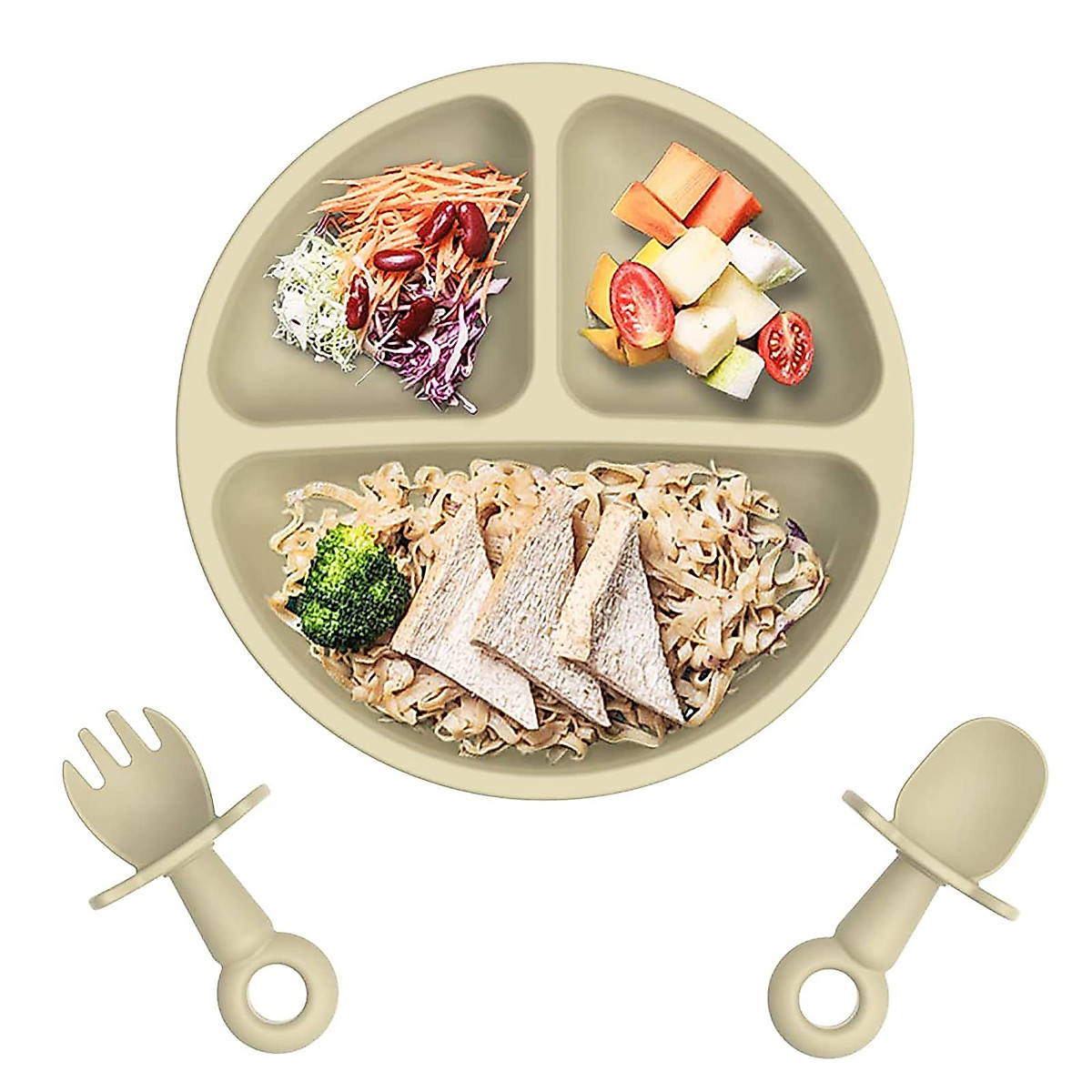 Baby Suction Plate with Self-Feeding Spoon Fork - BPA Free Infant Newborn Utensil Set for Self-Training, Suction Plates for Babies Toddlers, Dishwasher Microwave Safe (Gray)