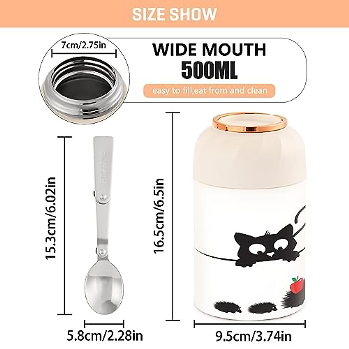 CUPADA Black Cat Hedgehogs Food Jar, Funny Kitten Cute Insulated Hot Food Jars Vacuum 17OZ with Folding Spoon for Work Trip Picnic Camping