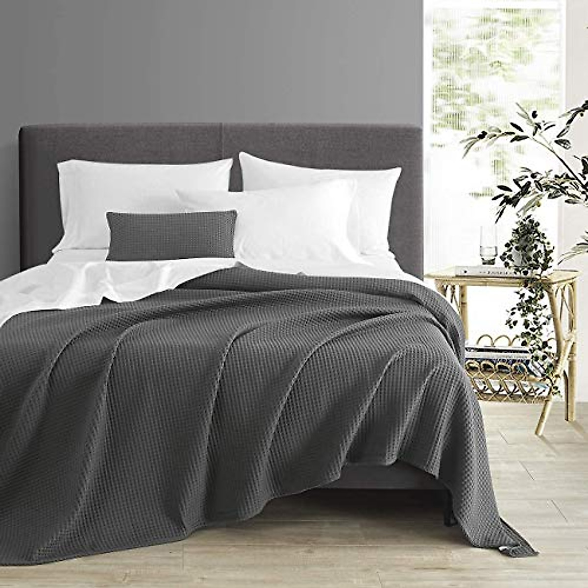 WOVEN ST. Throw Cotton Bedspread - Traditionally Woven - 50 x 60 Inches Throw Over Blankets - 100% Cotton Bed Blankets for Couch, Chair, Bed - Soft, Cozy & Comfortable - Charcoal