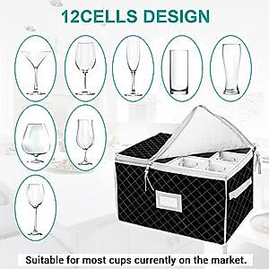 VERONLY China Storage Containers - Stemware Storage Cases for 12 Wine Champagne Glasses - 2 Pack Crystal Glassware Protector Packing Boxes with Dividers and 2 Handles for Moving (Black)