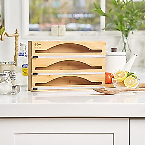 SunnyPlan Plastic Wrap Dispenser with Cutter - 3 in 1 Foil and Plastic Wrap Organizer – Bamboo Drawer Organizer Compatible with 12 inch Wrap Rolls – Installation Hardware Included