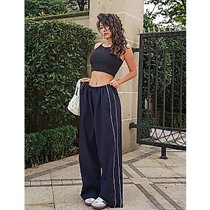 Women's Parachute Pants Cargo Trousers Elastic Waist Wide Leg Track Pants Y2k Clothing (S,Navy Blue)