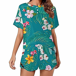 InterestPrint Tropical Floral Pattern with Dragonflies Women's Shorts Button Up pajama Shorts Suit Drawstring Shorts Set Lounge Sets