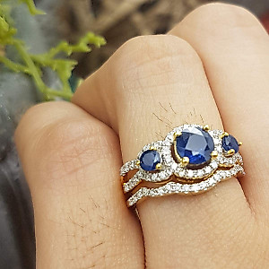 Dazzlingrock Collection Round Blue Sapphire & White Diamond Ladies 3 Stone Halo Wedding Ring Set 10K Yellow Gold, Size 5.5