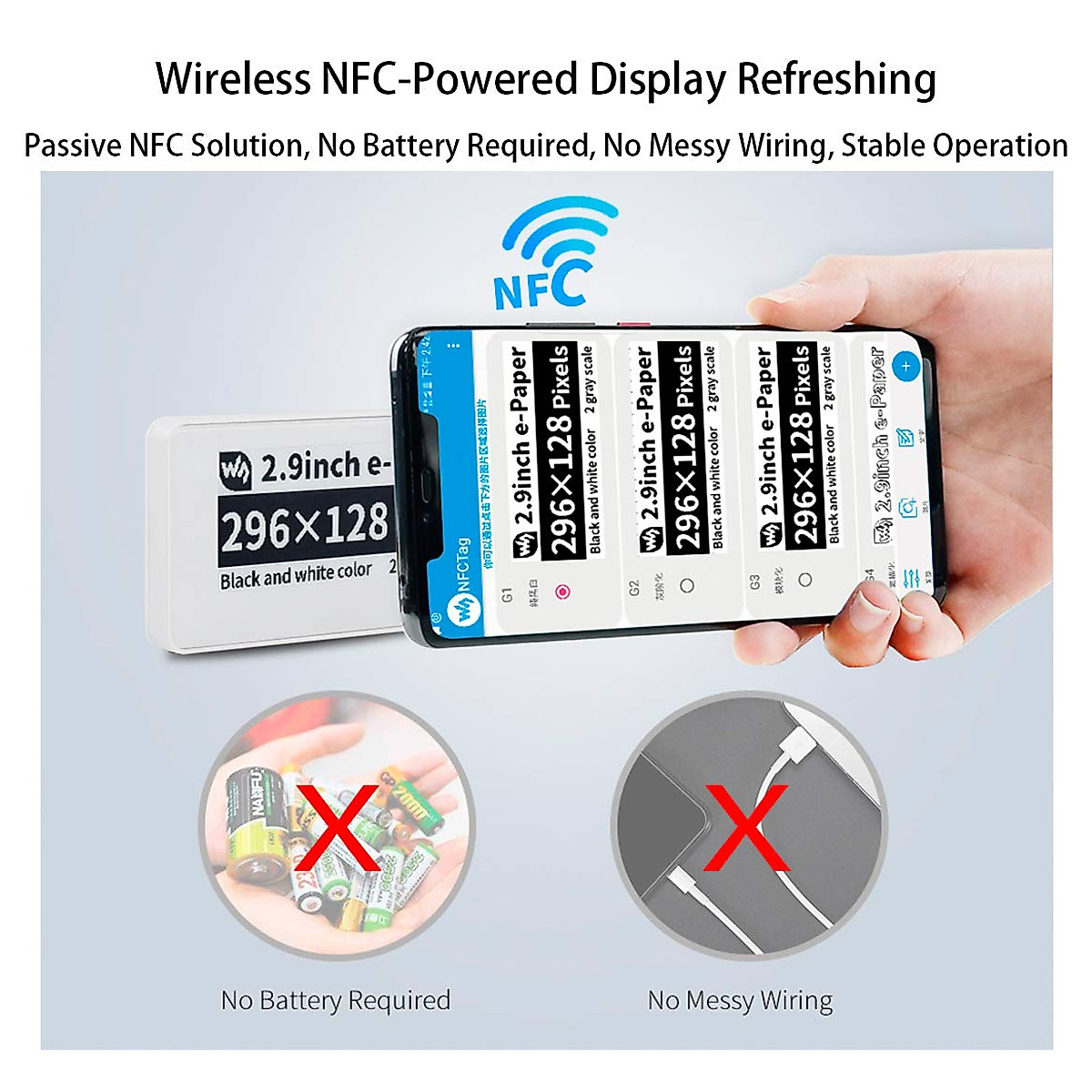 Waveshare 2.9inch Passive NFC-Powered e-Paper No Battery Required No Messy Wiring Novel Passive NFC Tech Wireless Powering & Data Transfer APP Provided 296×128 Pixel,Black& White Color