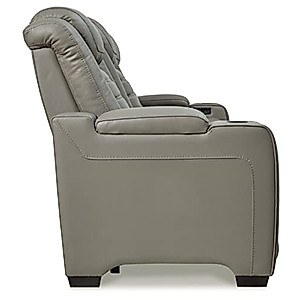 Signature Design by Ashley Backtrack Contemporary Tufted Leather Power Reclining Sofa with Adjustable Headrest, Light Gray