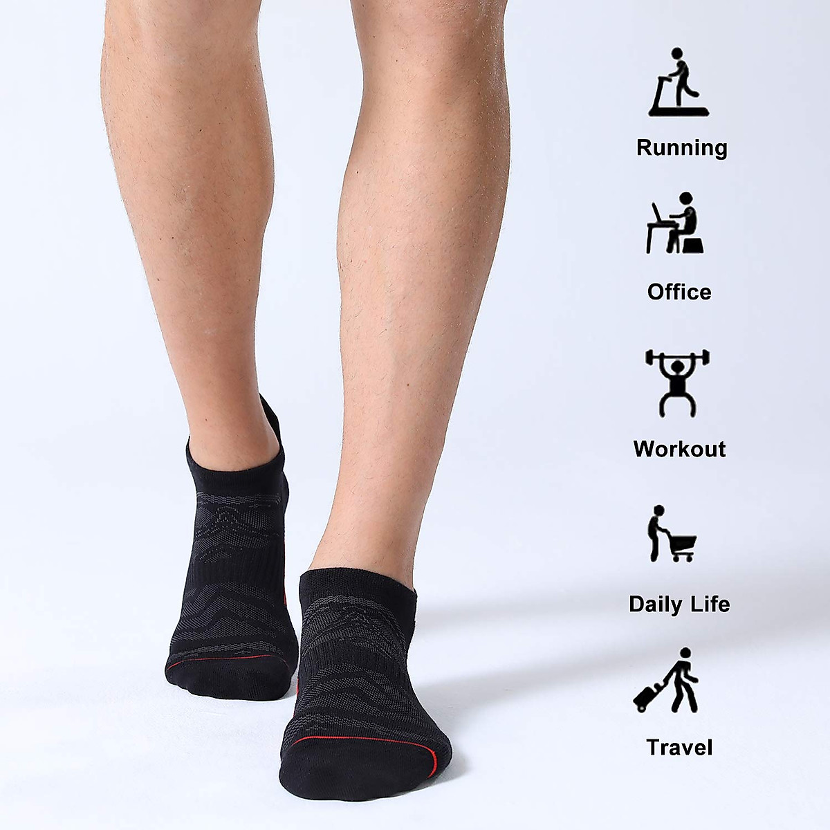 FITRELL 6 Pack Men's Ankle Running Socks Low Cut Cushioned Athletic Sports Tab Socks, Shoe Size 12-15, Black+Red