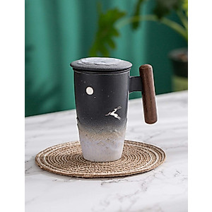 TANG PIN Moonlight Deer Ceramic Tea Cup with Infuser and Wooden Handle Steeping Mug 13.5 OZ (Black&White)