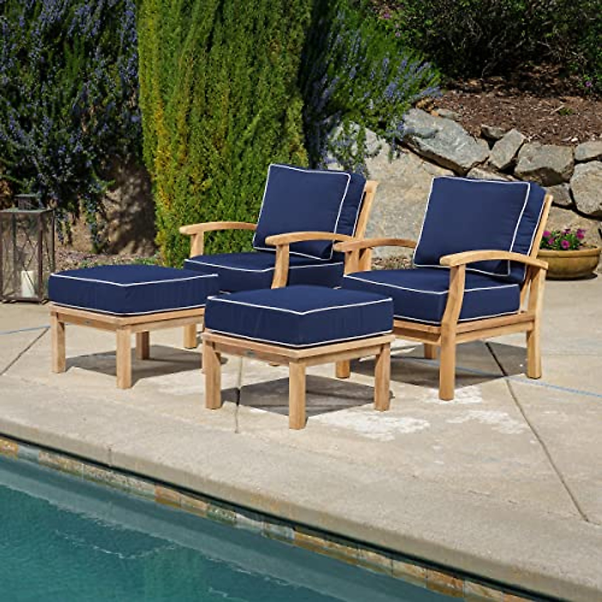 Tortuga Outdoor Jakarta Teak 4 Piece Club Chairs and 2 Ottomans, Navy Cushions Outdoor Furniture Set, Brown