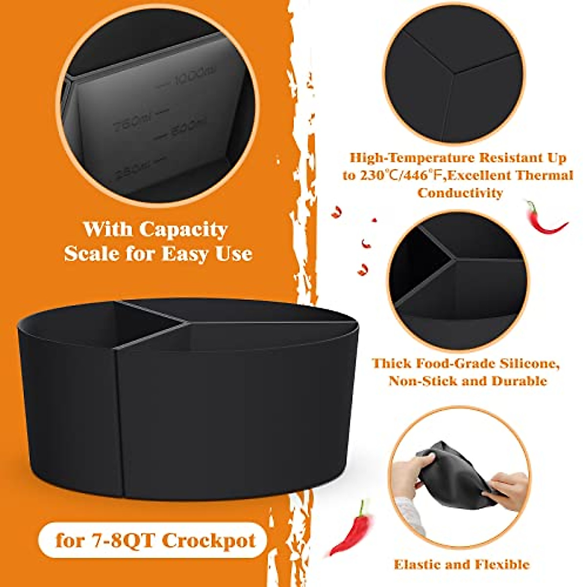 Slow Cooker Divider Liner Fit Crockpot 7-8 Quart,Reusable Silicone Liners for 7-8 QT Oval Crock Pots,Food-Grade Cooking Dividers Inserts,Eco-Friendly Alternative to Disposable Liners - Black