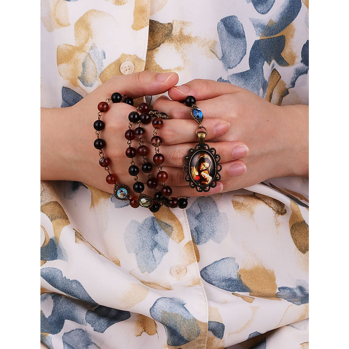 diyalo Servite Rosary of the Seven Sorrows 7 Prayer Beads Chain Religious Holy Blessed Virgin Mary Pendant Y-Necklace (Dark Brown Agate Beads)