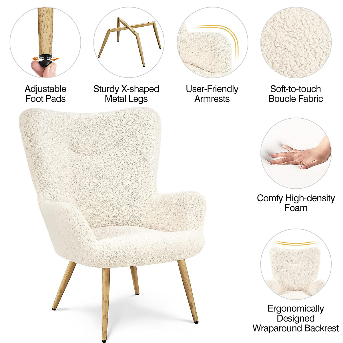 Yaheetech Boucle Accent Chair, Modern Fluffy Sherpa Armchair with High Back and Wood-Tone Metal Legs, Fuzzy Barrel Chair for Living Room Bedroom Home Office, Ivory, 2pcs