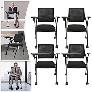 LOHISHILO 4pcs Mesh Guest Reception Stack Chair Tablet Arm Chair with Caster Arms for Office Conference, Reception, Training Room Chair, Schools, Meeting Rooms, Step Classrooms, Churches, Homes