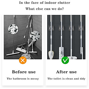 YIWULA 4PCS Mop Broom Holder No Drill Stainless Steel, Mop Broom Organizer Wall Mounted Heavy Duty with Hooks Hanger, Storage Rack Self Adhesive for Bathroom, Kitchen, Office (Black)