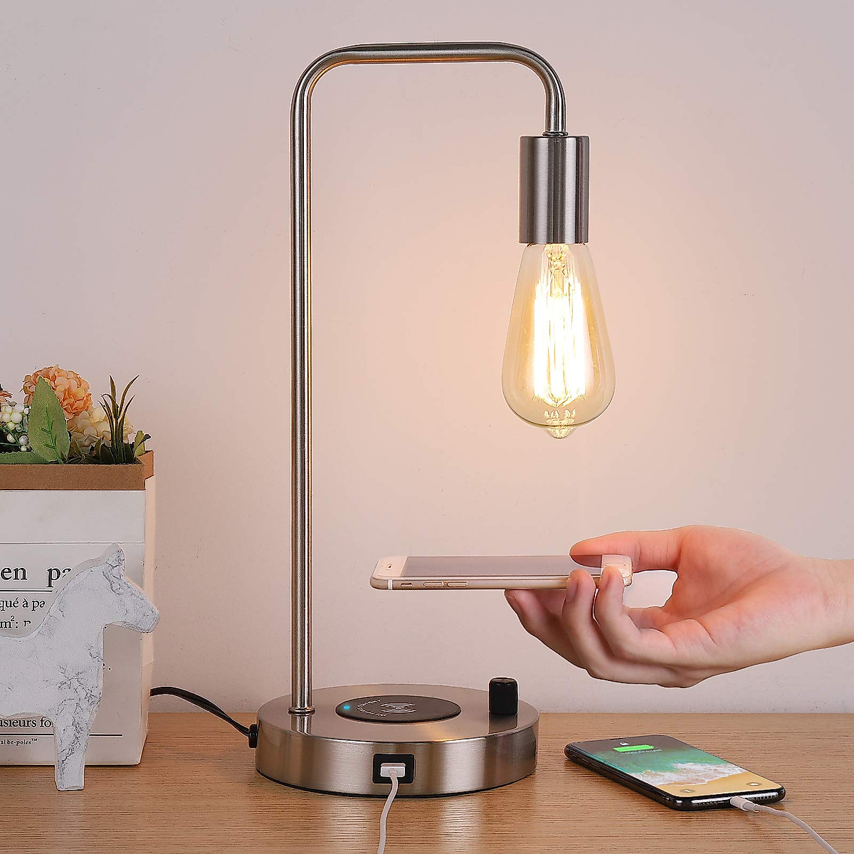 JS NOVA JUNS Wireless Charging Desk Lamp – Table Lamp with USB Port and Wireless Charging Pad, Bedside Lamp for Office Bedroom Living Room College Dorm